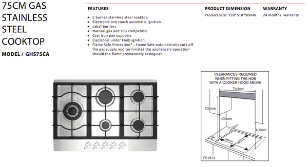 75cm Stainless Gas Cooktop | 5 Sabaf Burners & Flame Safe - Designed ...