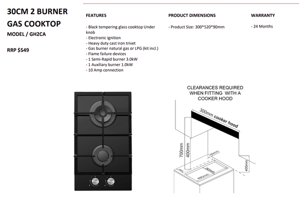 30cm Black Glass Gas Cooktop | Dual Burners & Flame Safety - Designed ...