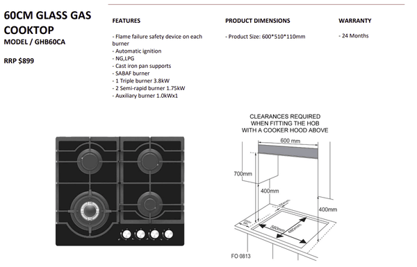 60cm Black Glass Gas Cooktop | Sabaf Burners & Flame Safety - Designed ...