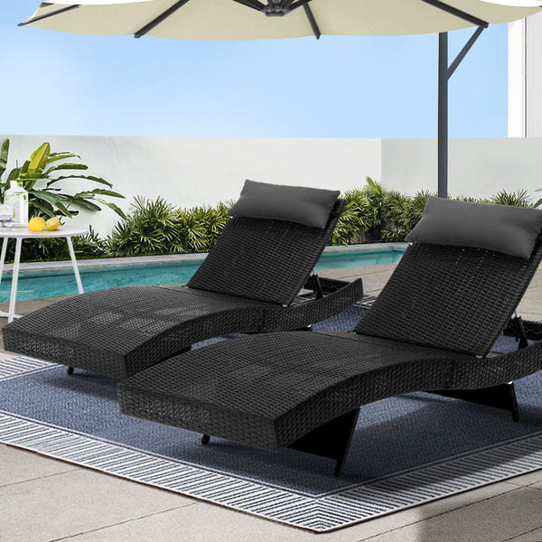 Gardeon 2PC Adjustable Wicker Sun Lounge Chairs for Outdoors – Black ...